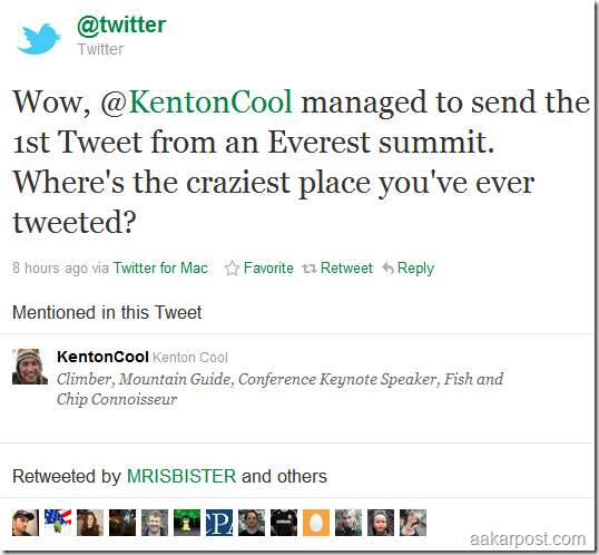 Kenton Cool Tweeted First Tweet Ever From the Top Of the World, Mount ...
